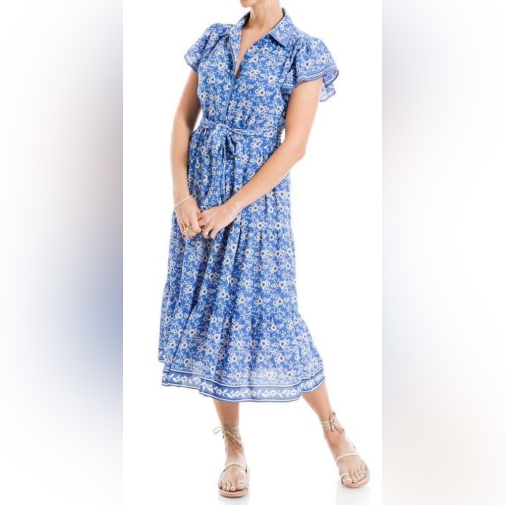 Max Studio London Blue Midi Floral Dress With Cap Sle Gem